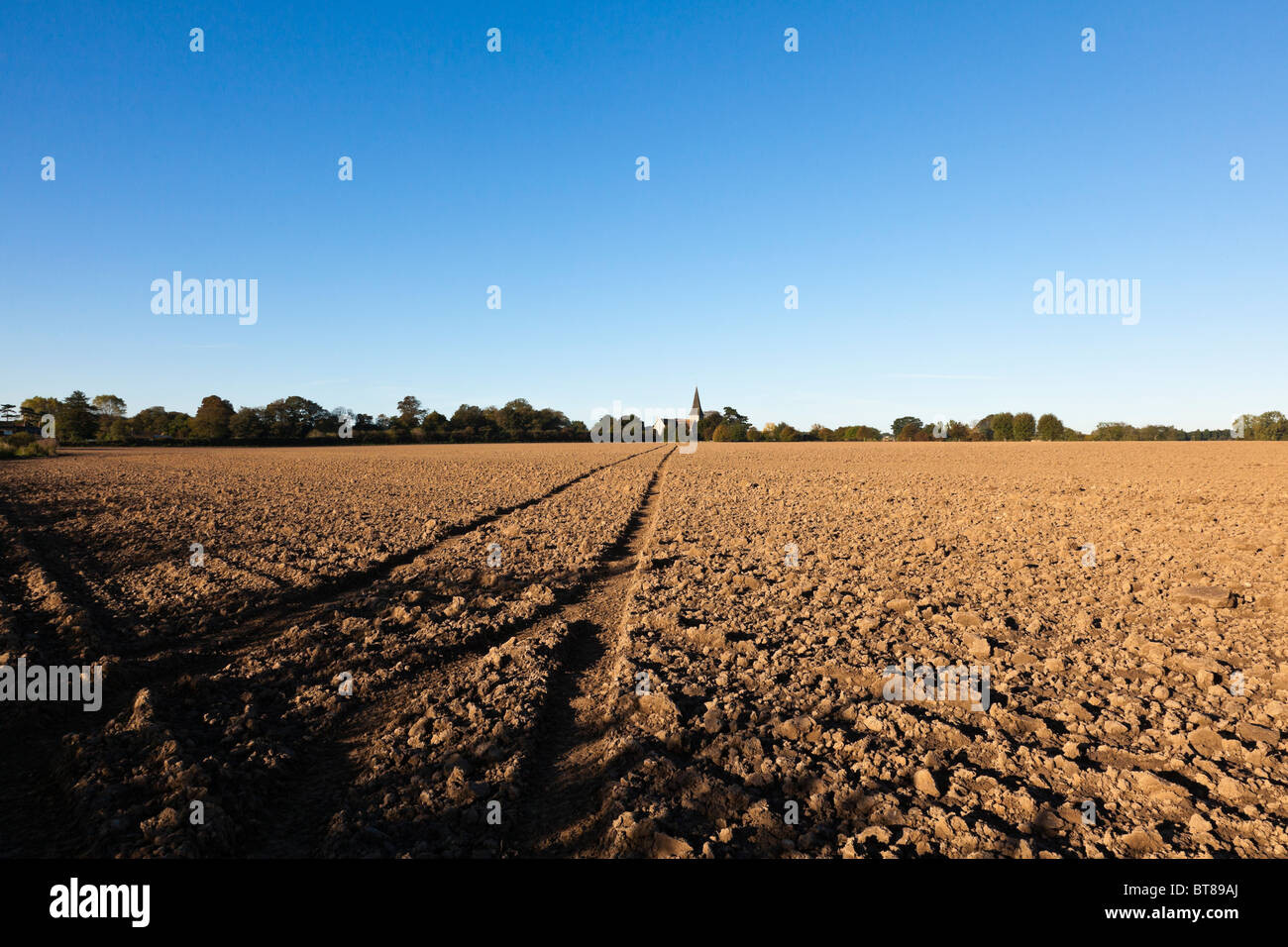 Views across the Autumn ploughed fields of East Kent, with Tractor tyre ...