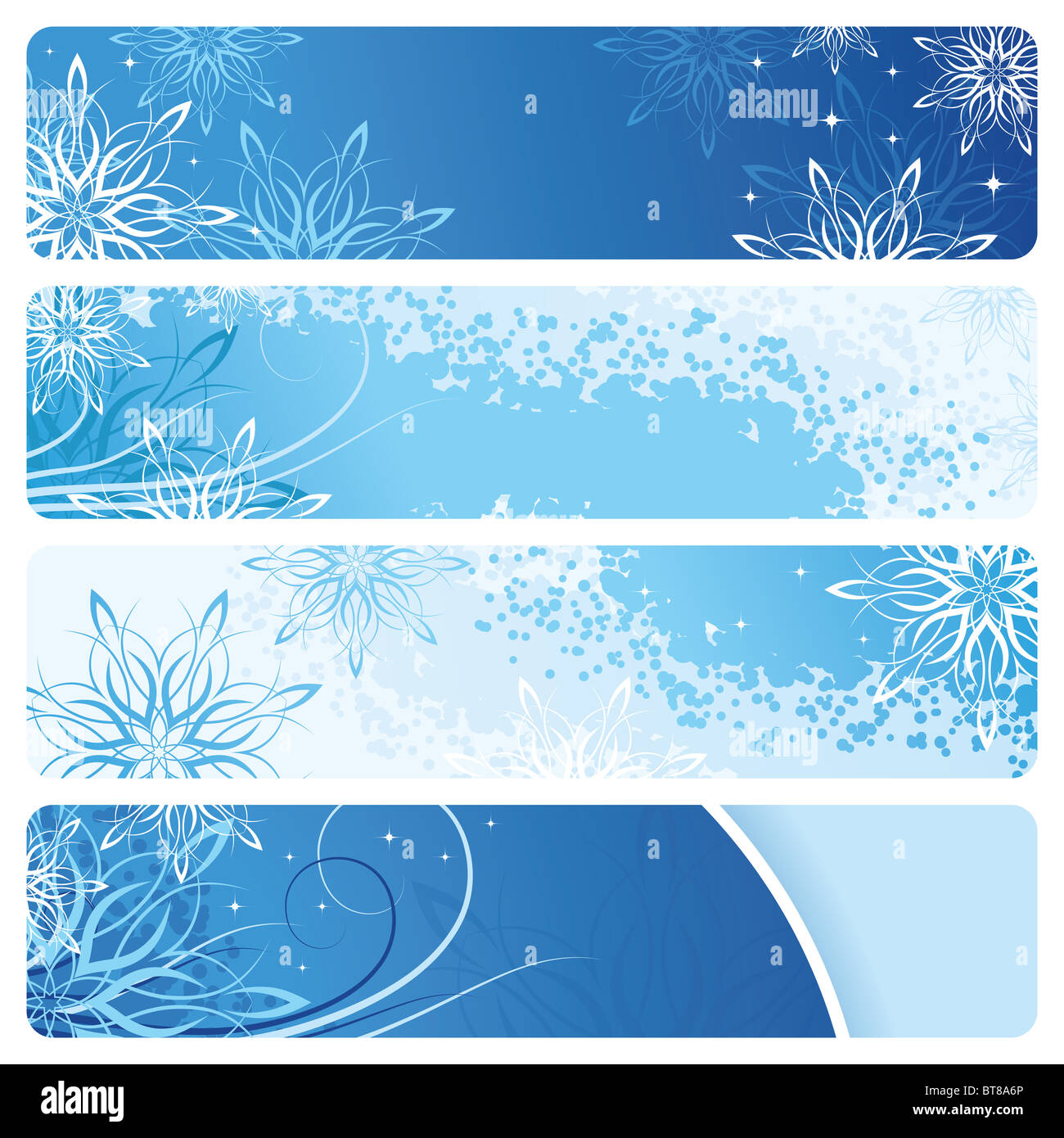 Blue winter banners with snowflakes and scrolls Stock Photo - Alamy