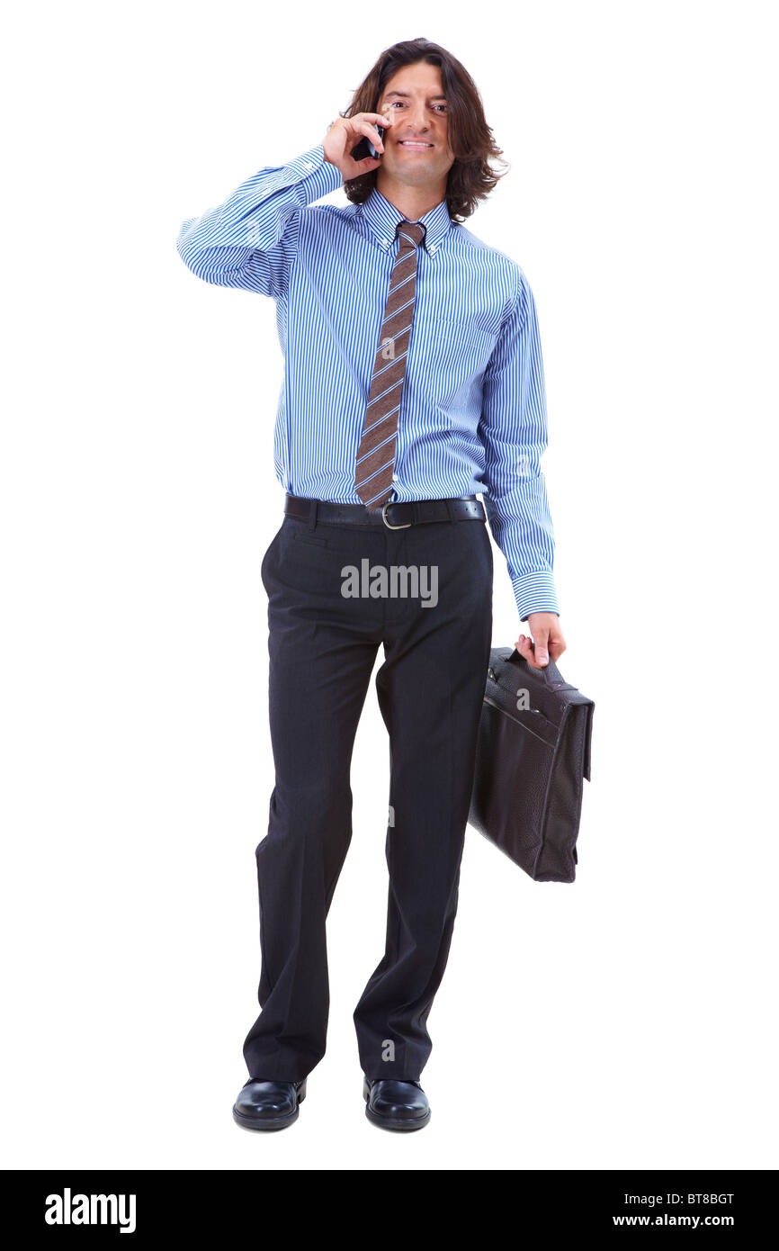 Photo of smart businessman calling somebody over white background Stock ...