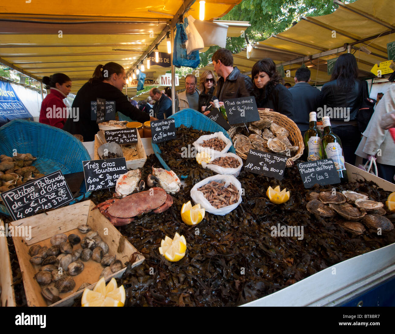 Seafood stall at traditional market at Bastille in Paris France Stock ...