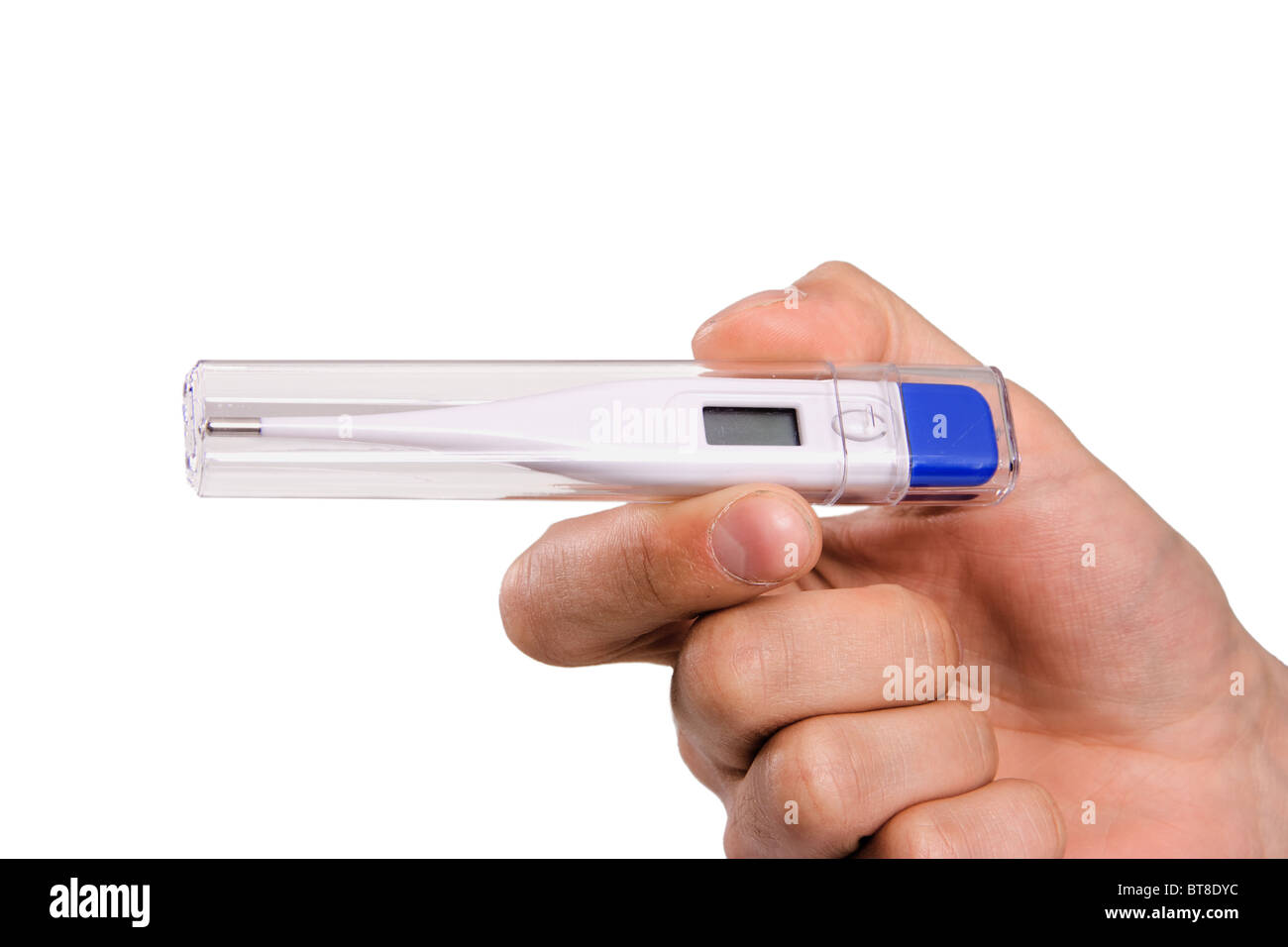 Hand stretching a thermometer in packing on a white background Stock ...