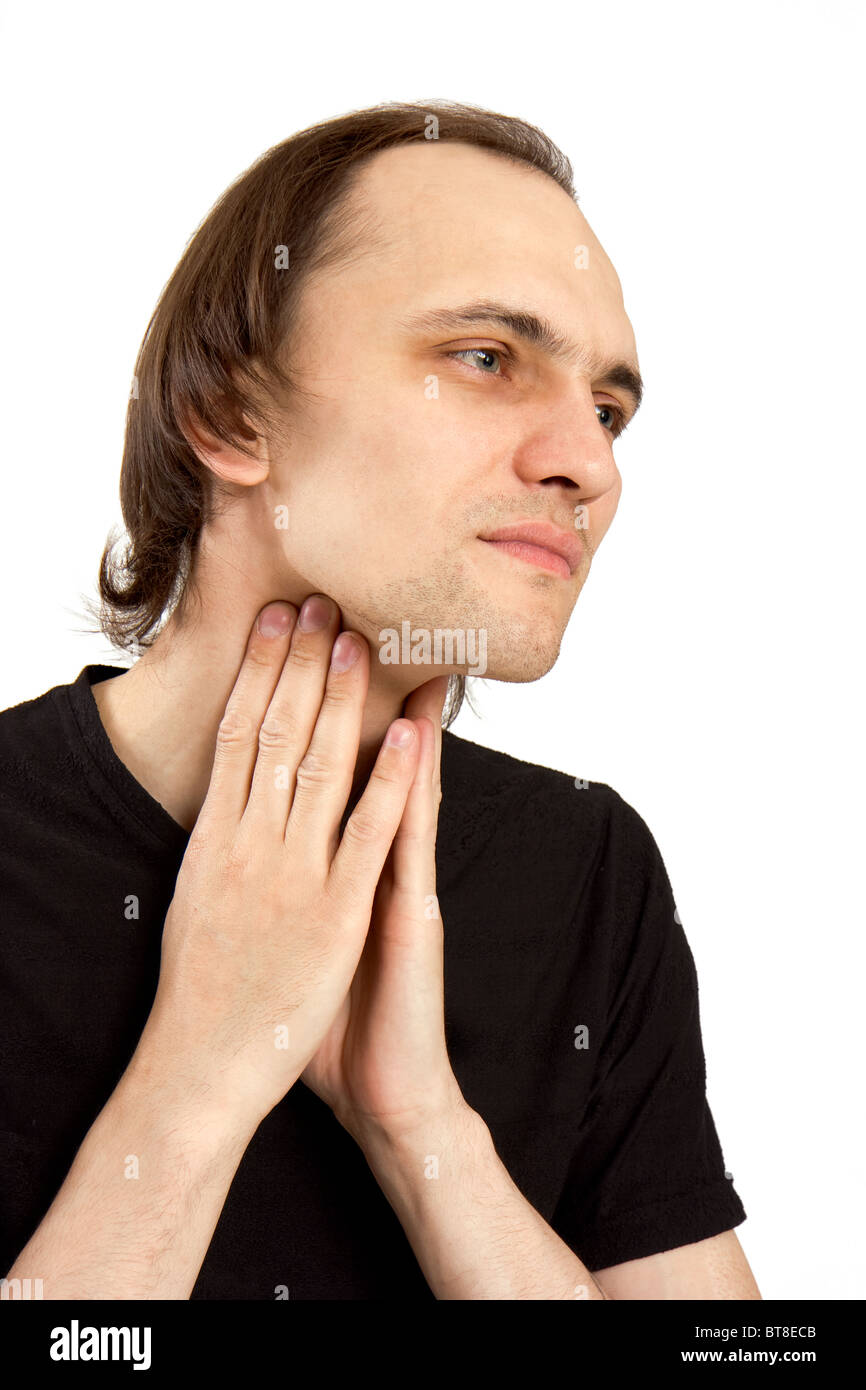 The white man keeps a hand for a sick neck Stock Photo - Alamy