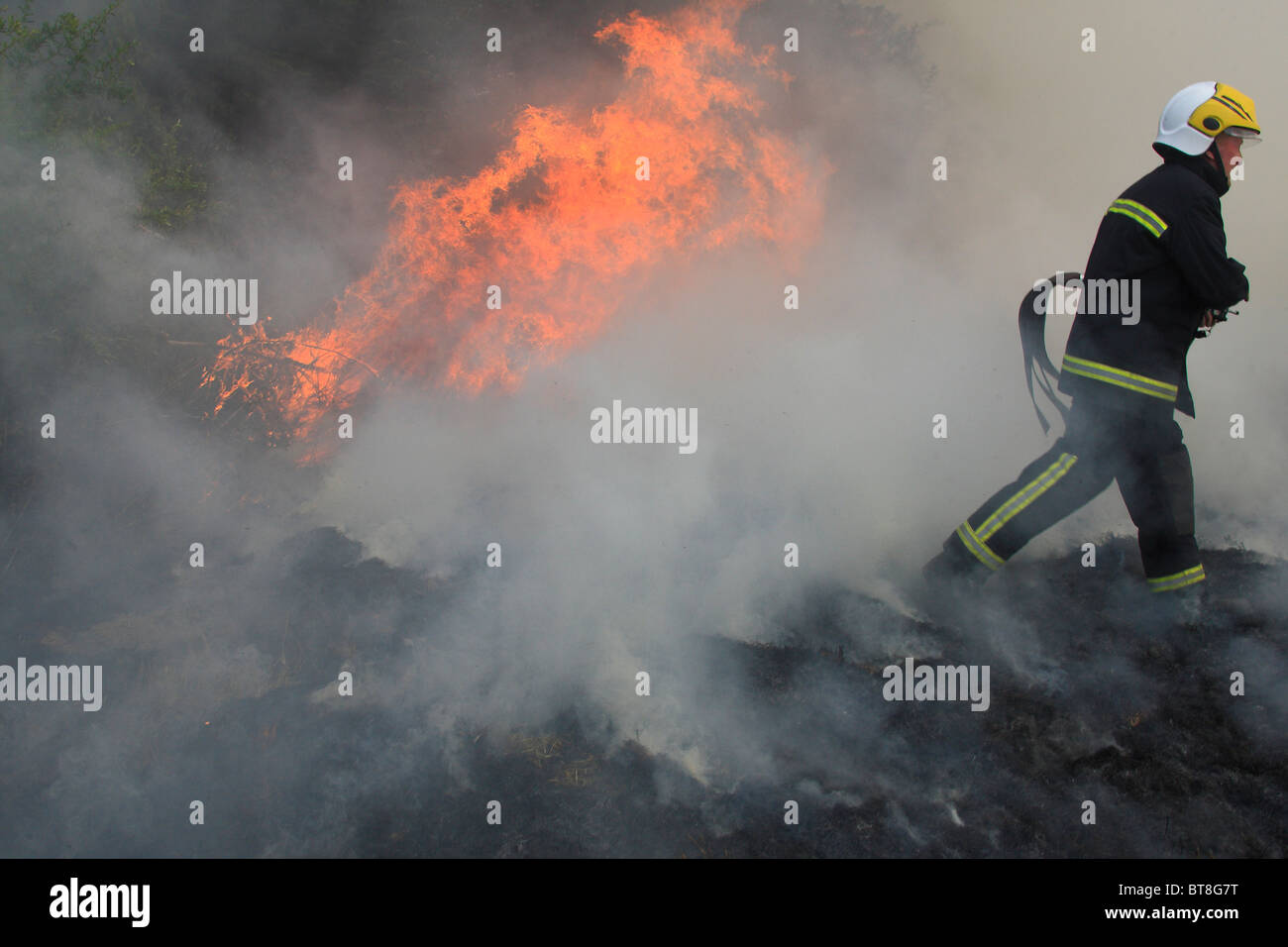 Fireman tackling a field fire with beater Stock Photo - Alamy
