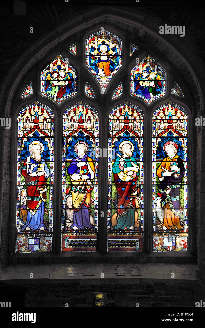 Stained glass window depiction of Matthew, Mark, Luke and John. UK May ...