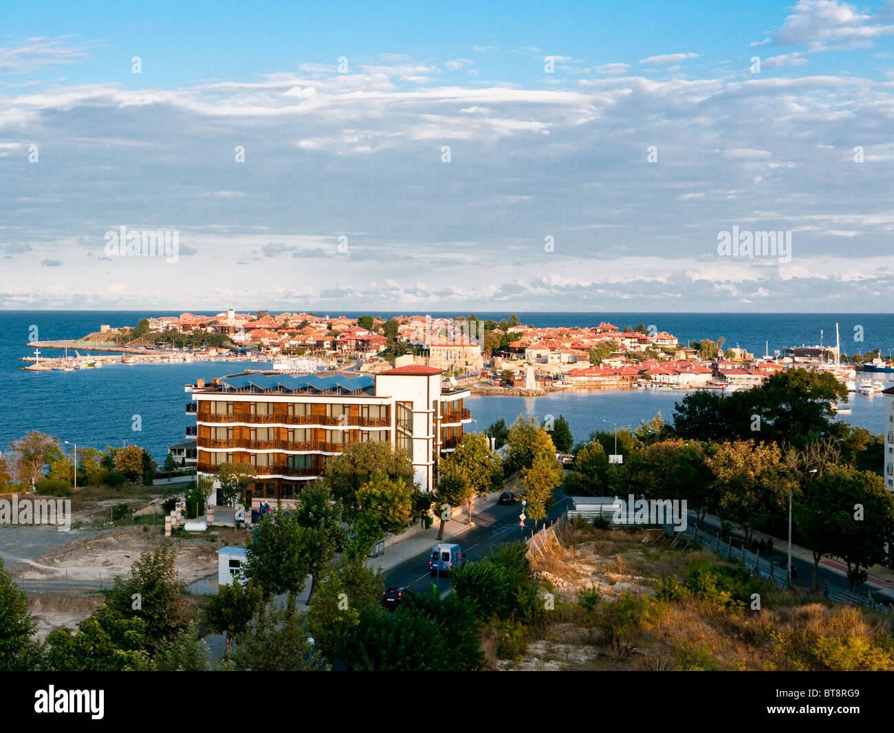 Evening view of Nessebar Old Town from mainland, Bulgaria, Balkans ...