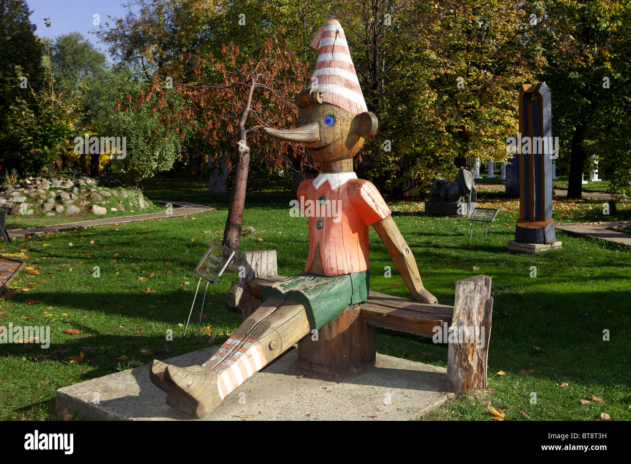 Wooden statue of Pinocchio at the Fallen Monument Park (Muzeon Park of ...