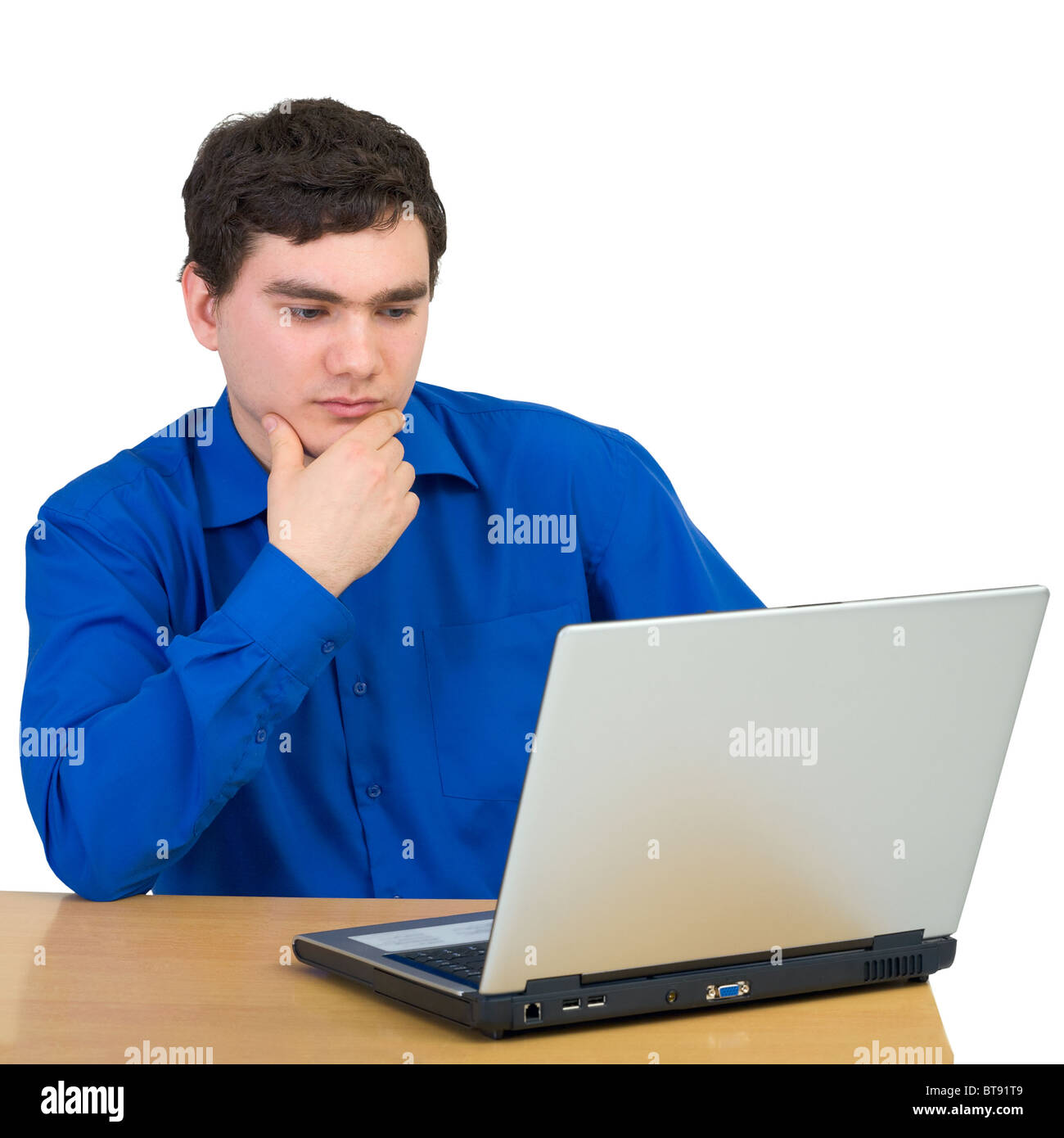 Young man and laptop on the white background Stock Photo - Alamy