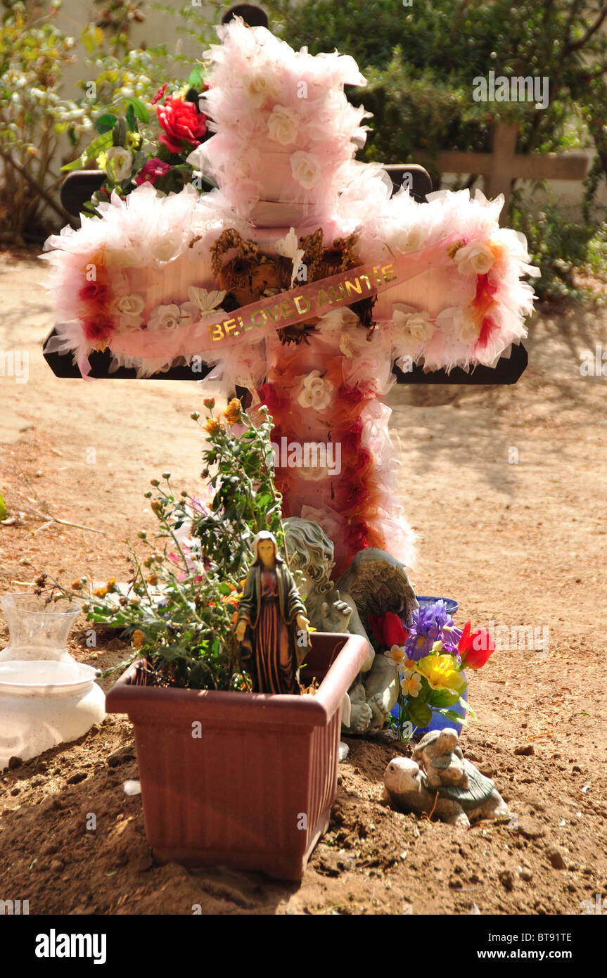 A cross on a grave in the Indian cemetery of the San Antonio de Pala ...