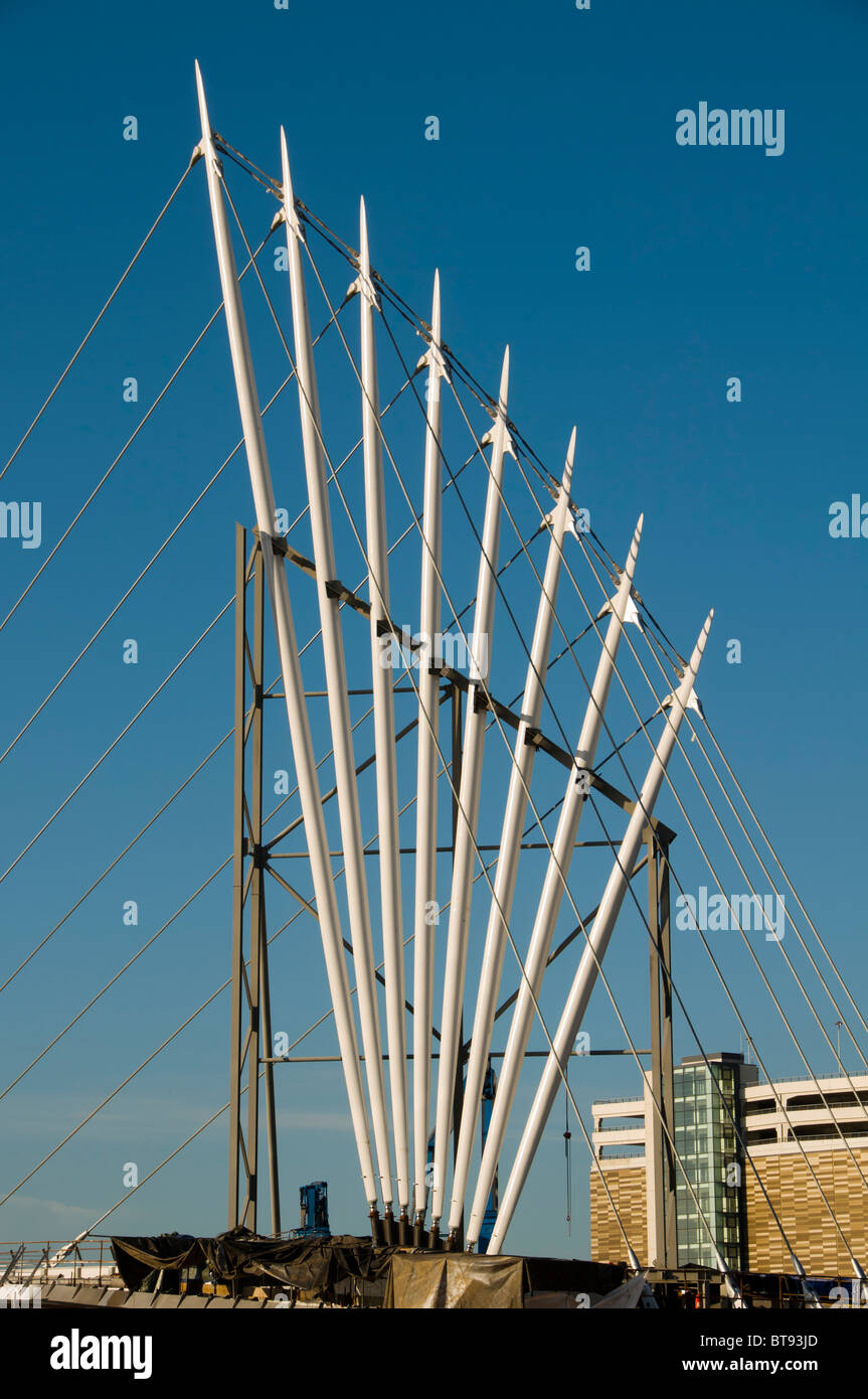 Detail from a new swing footbridge under construction at Salford Quays ...