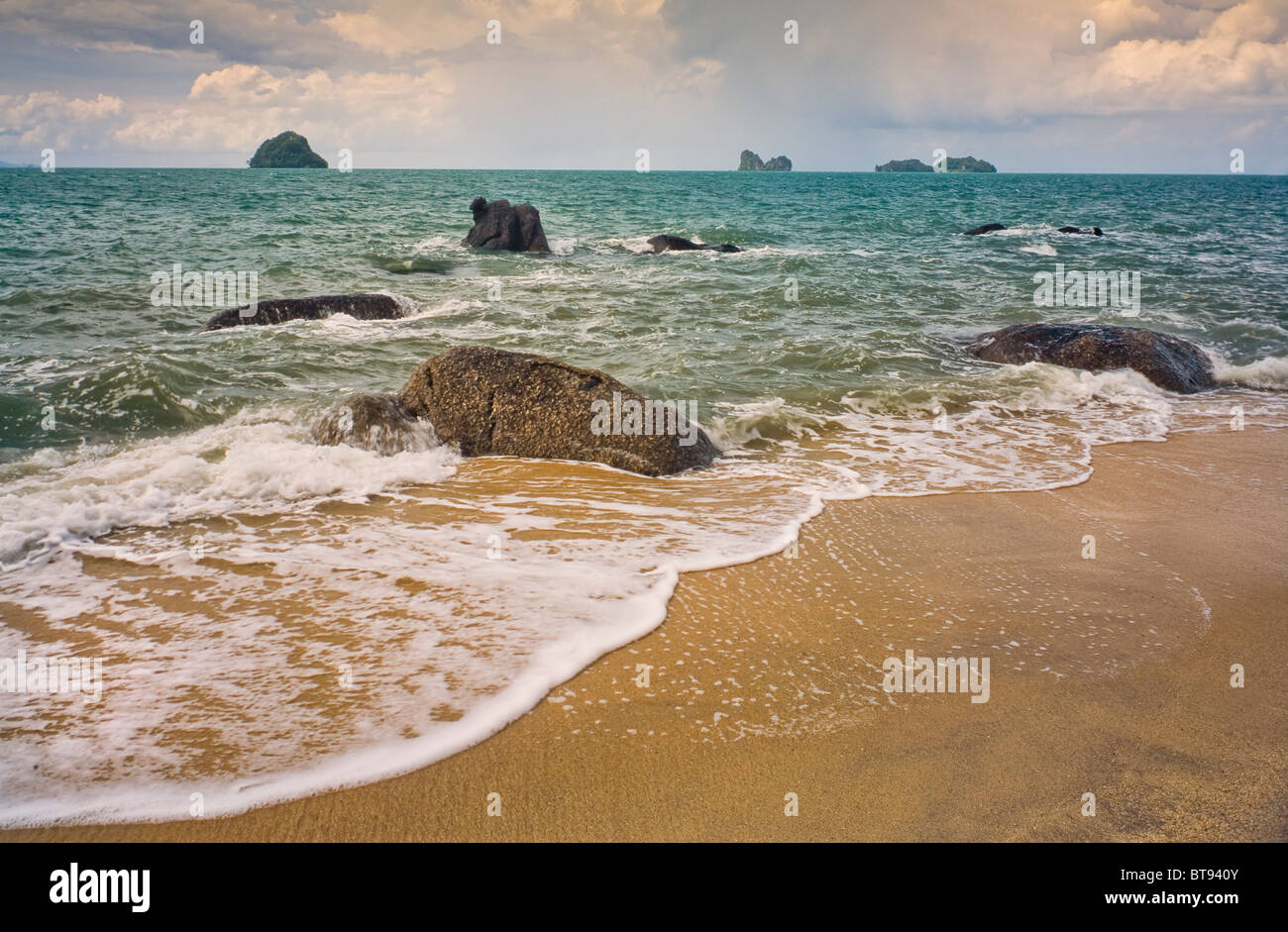 Tropical baeach scene, Pulau Langkawi, Tanjong Rhu, Malaysia, evening ...