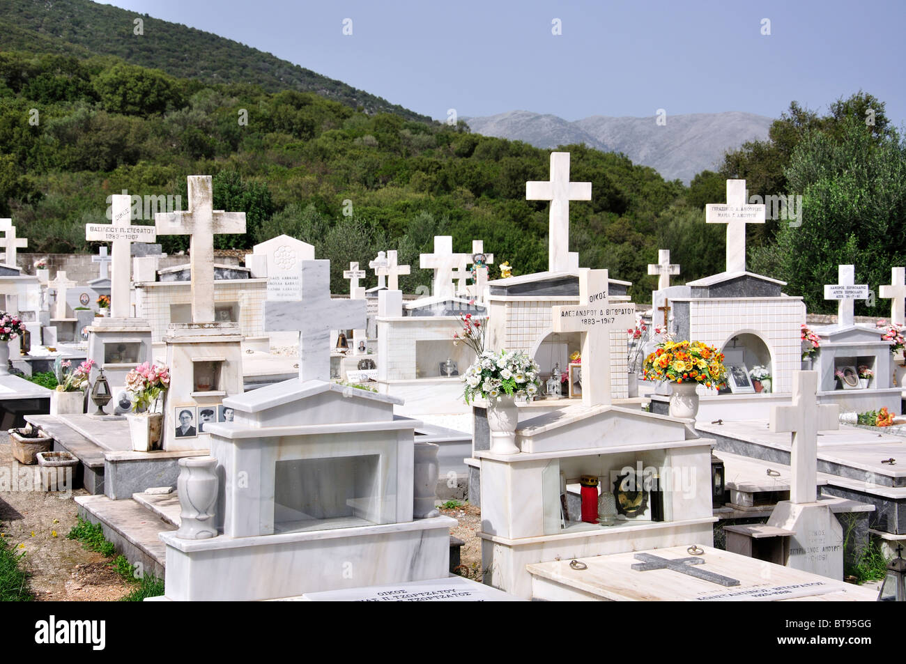Headstones in cemetery near Sami, Kefalonia (Cephalonia), Ionian ...
