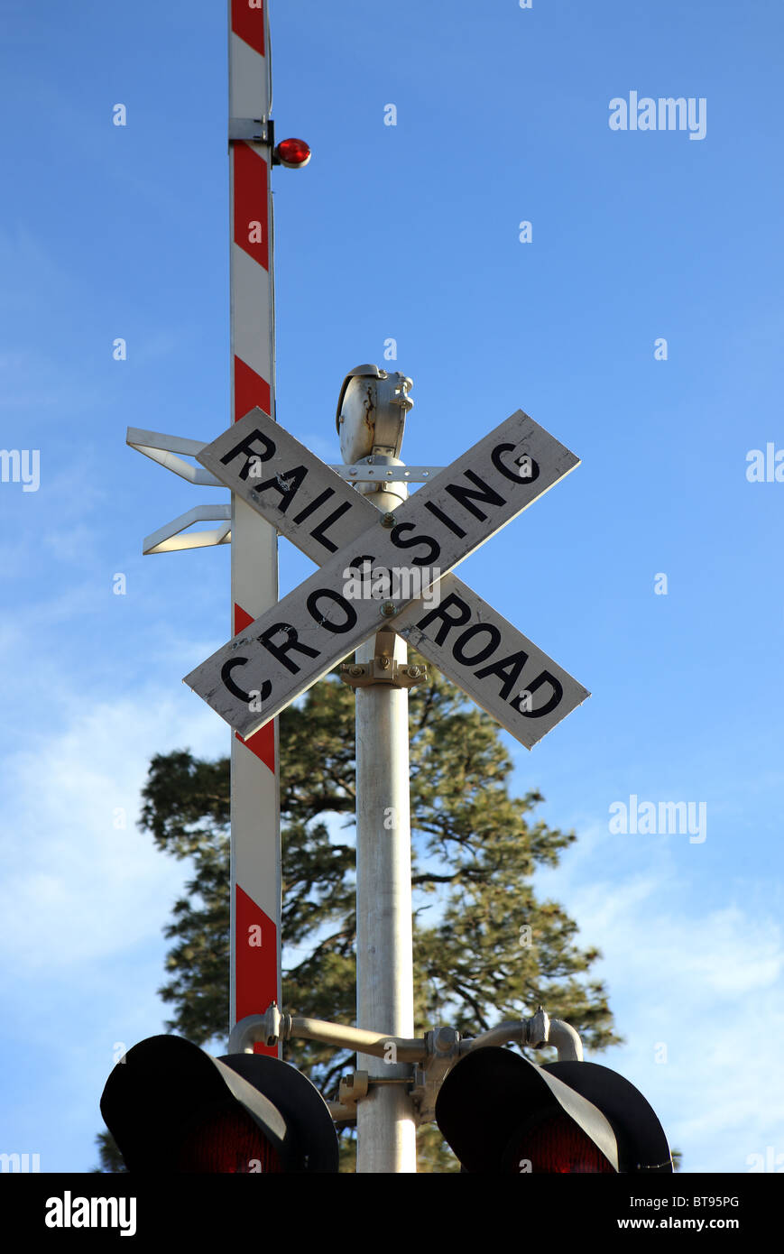 Railroad crossing sign and barrier in the Grand Canyon village Stock ...