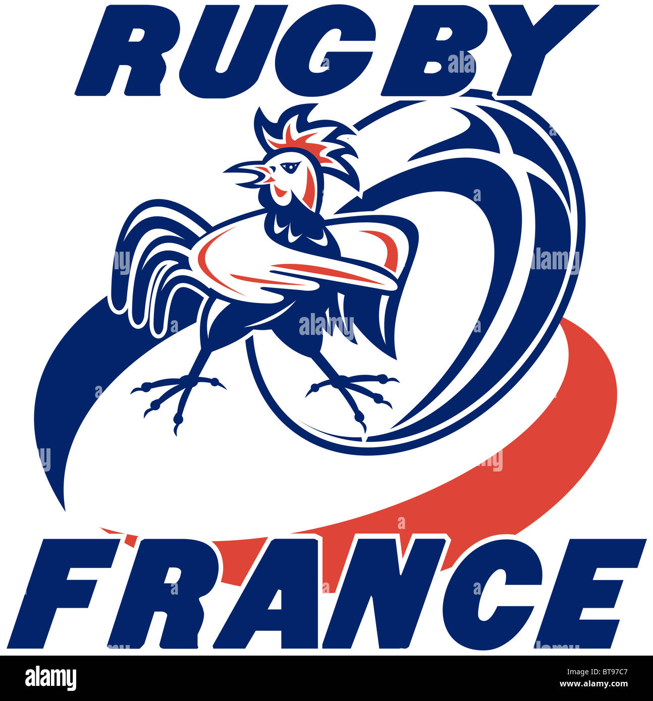 illustration of a rugby ball and french rooster cockerel with words ...