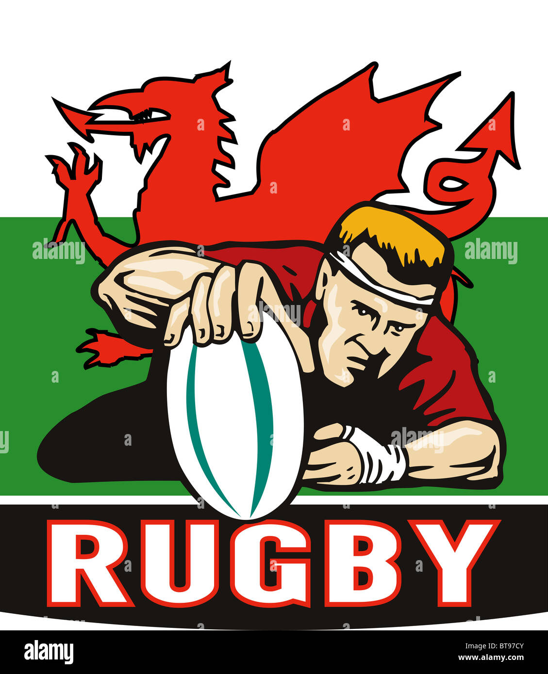 illustration of a Rugby player scoring try viewed from front with wales ...