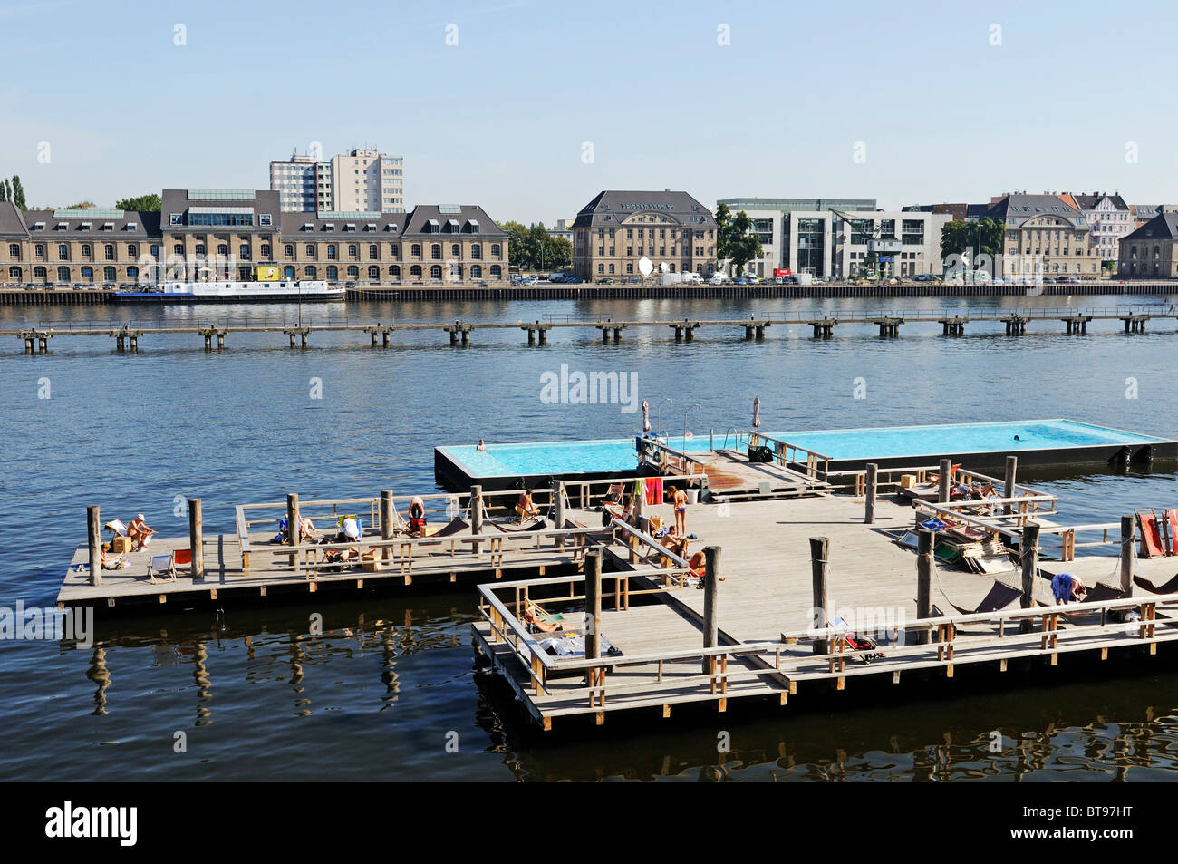 View of the east port, the Badeschiff floating swimming pool of the ...