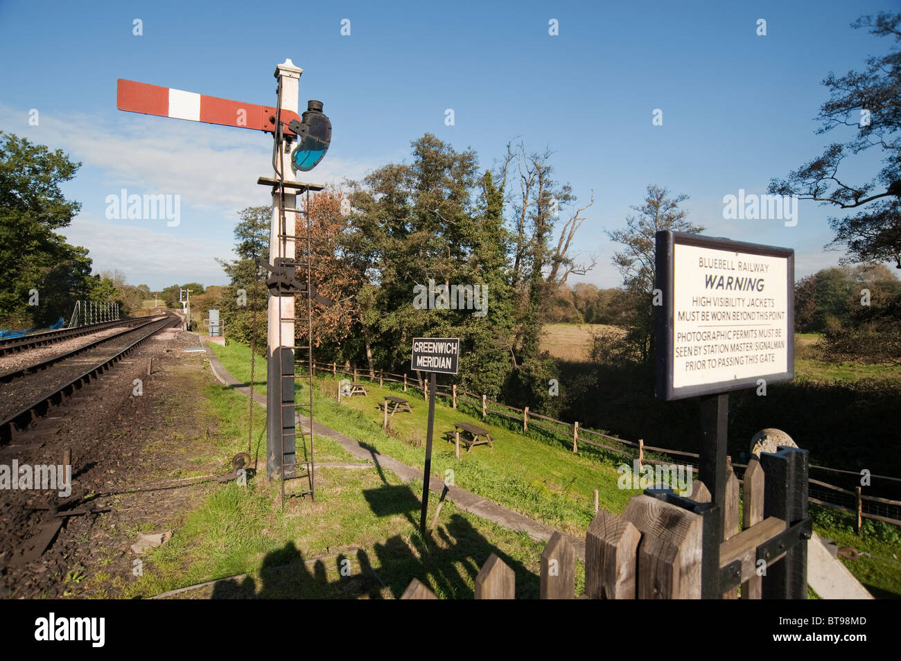 Greenwich Meridian Sign, Bluebell Railway, Sussex, England Stock Photo ...