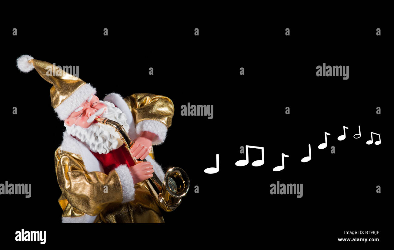 santa claus plays the saxophone with music notes coming out, isolated ...