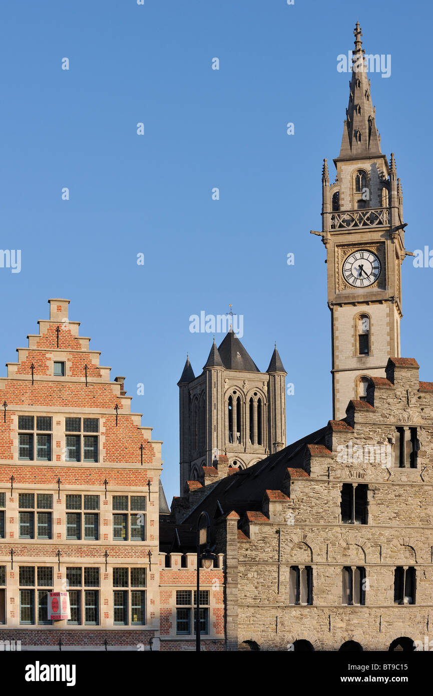 Historical step-gabled houses at the Graslei / Grass Lane in Ghent ...