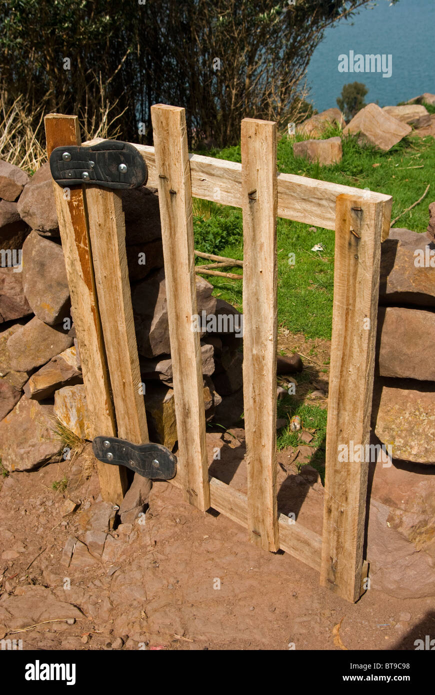 Peru, Puno, Lake Titicaca, Isla de Taquile, Taquile Island, rustic gate ...