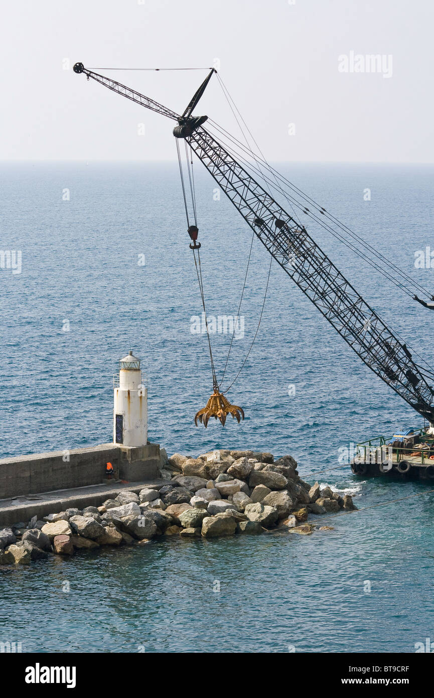 Construction barge ready to install piers for a new dock Stock Photo ...
