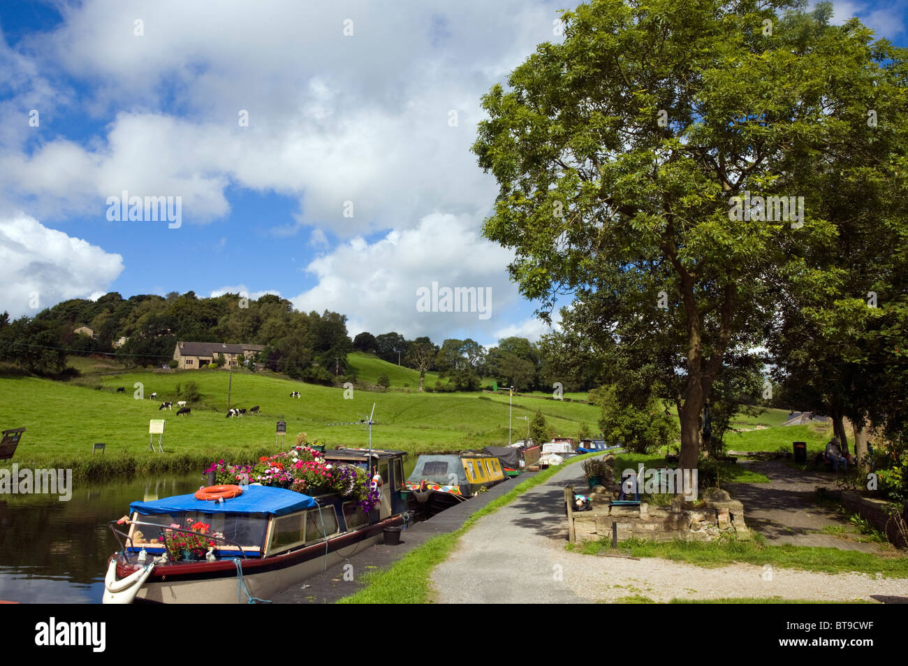 Moored narrow boats on Leeds Liverpool canal at Foulridge, Lancashire ...