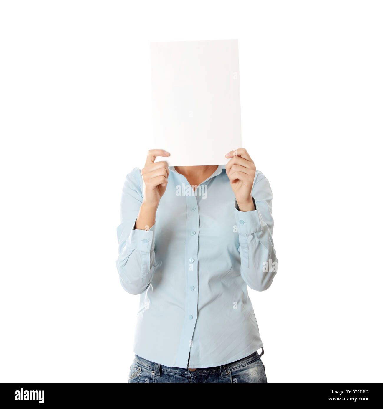 Photo of young girl covering her face with blank board,isolated on ...