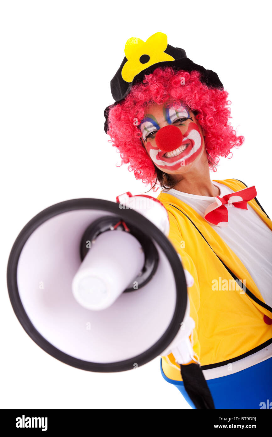 funny clown shouting at the megaphone (isolated on white Stock Photo ...