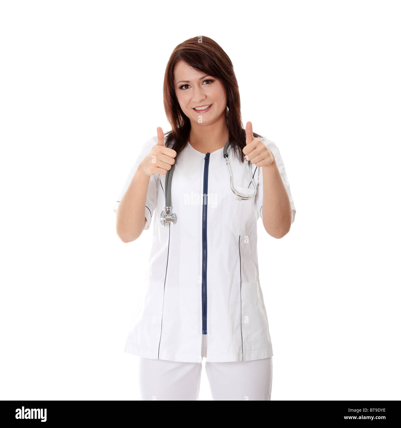 Happy female doctor with thumbs up, isolated on white Stock Photo - Alamy