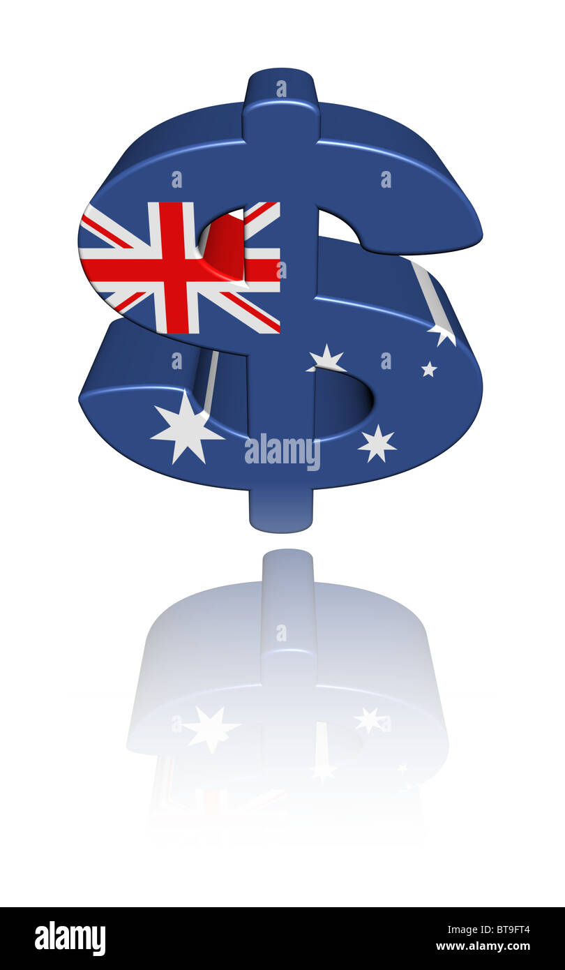 Australian dollar symbol with flag reflected on white illustration ...