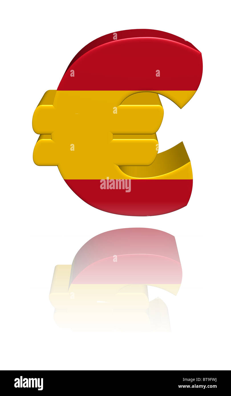 Spanish euro symbol with flag reflected on white illustration Stock ...