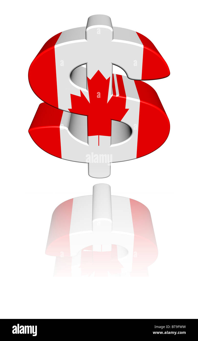 Canada dollar symbol with flag reflected on white illustration Stock ...