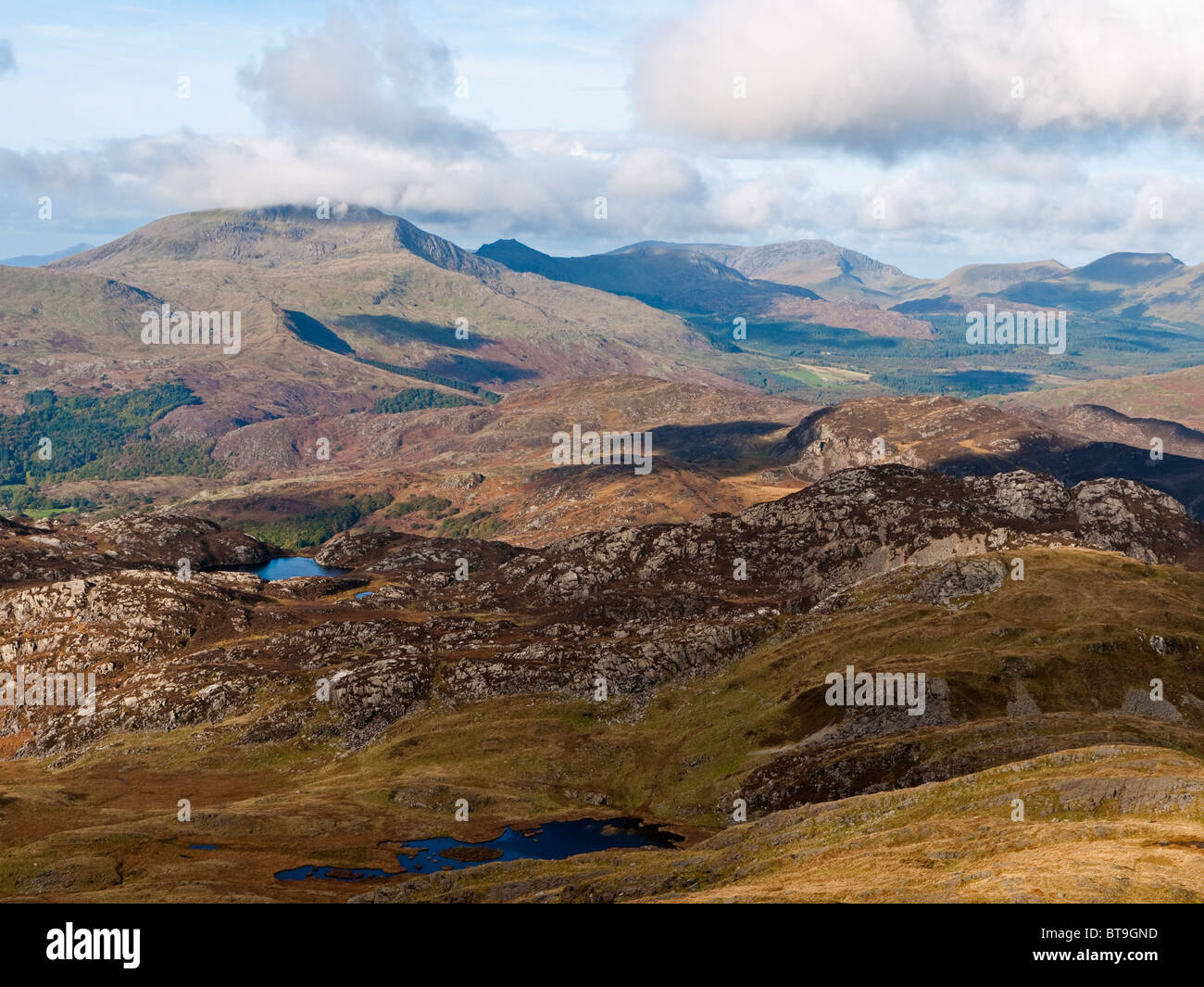 The mountain of Moel Hebog viewed from Cnicht, across Llyn yr Arddu ...
