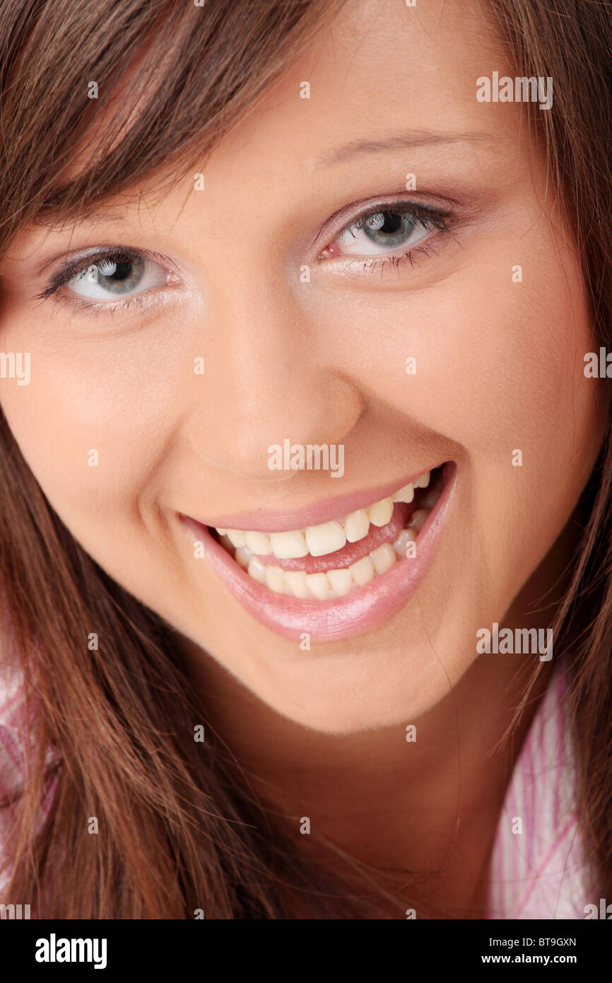 Happy and friendly young lady posing isolated on white background Stock ...