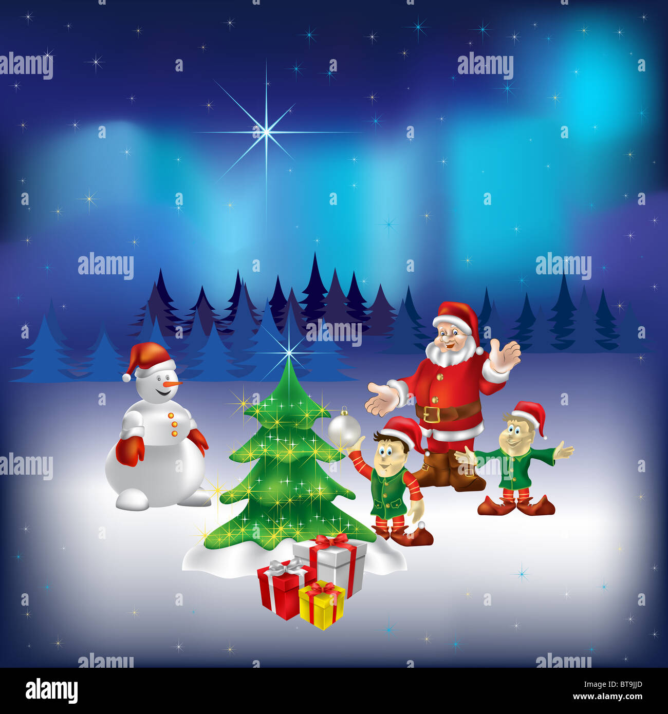 Santa Claus snowman and dwarfs in the woods Stock Photo - Alamy