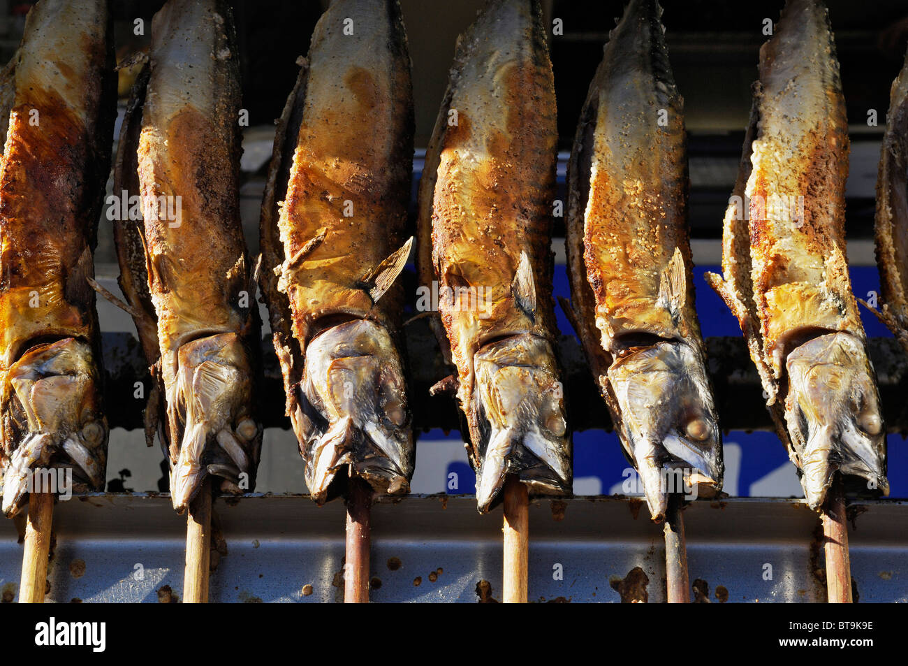 Steckerlfisch fish on sticks, Auer Dult fair, Munich, Bavaria, Germany ...