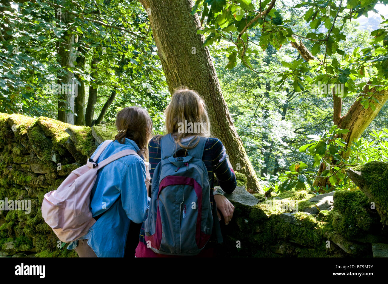 two girls looking over a wall Stock Photo - Alamy