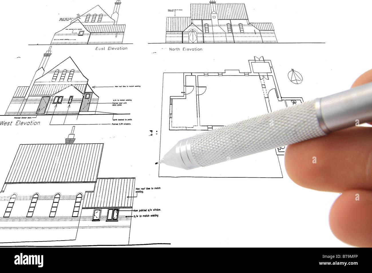 the blueprint and the architect`s hand on it Stock Photo - Alamy