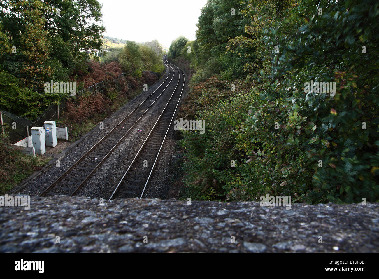 railway tracks running through wooded area Stock Photo - Alamy