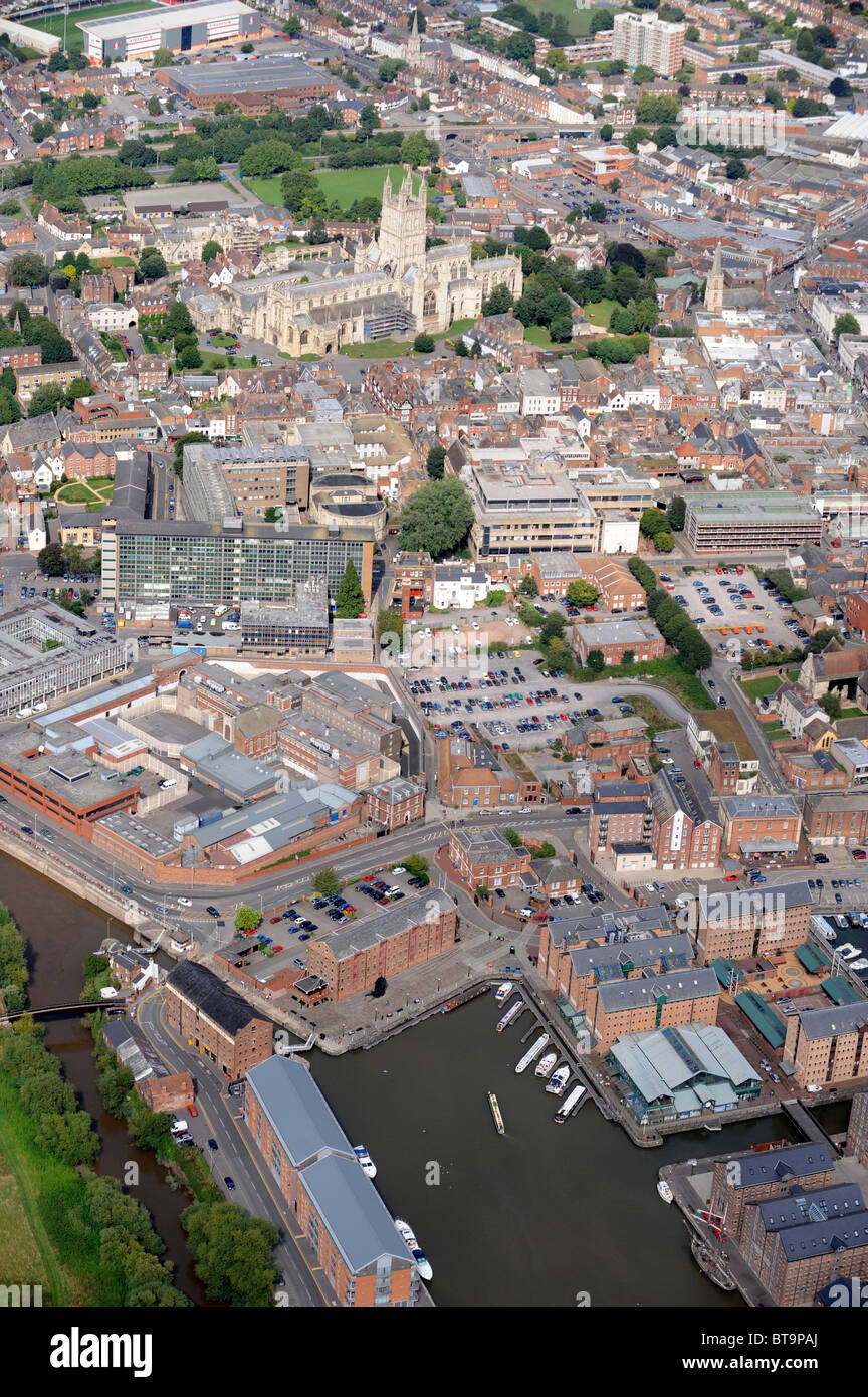 Aerial view of Gloucester with the Cathedral (top) prison (below left ...