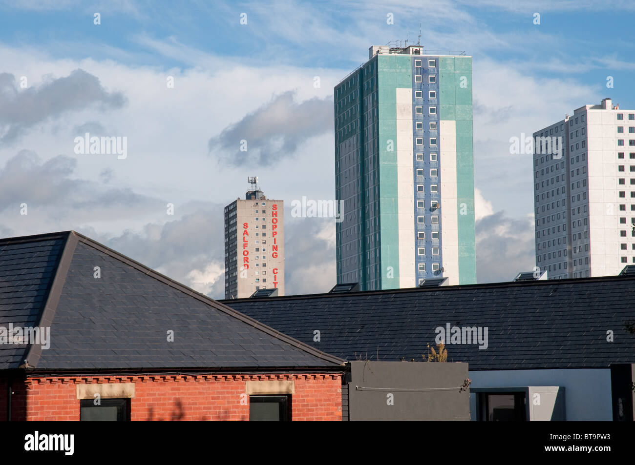 Salford skyline looking from Chimney Pot Park to Salford precinct ...