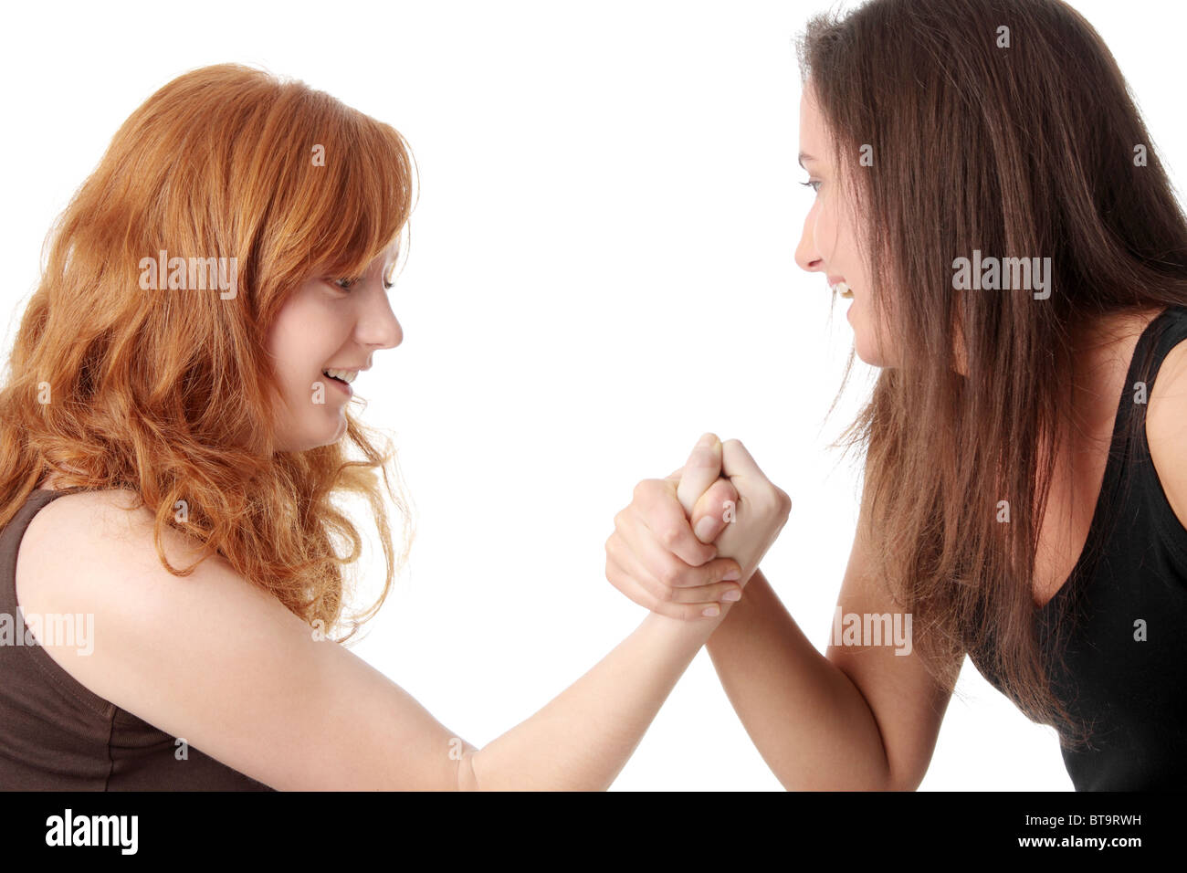 Two womans hands fight, isolated on white background Stock Photo - Alamy