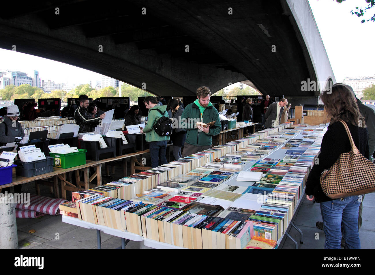 Book stalls on Thames Path, South Bank, The London Borough of Lambeth ...