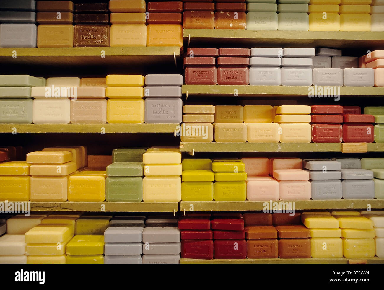 Southern French fragrant soaps on a shelf, Grasse, Provence, Var ...