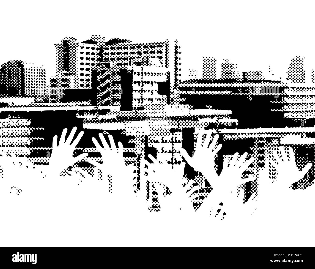 Illustrated halftone design of a city skyline with out-stretched hands ...