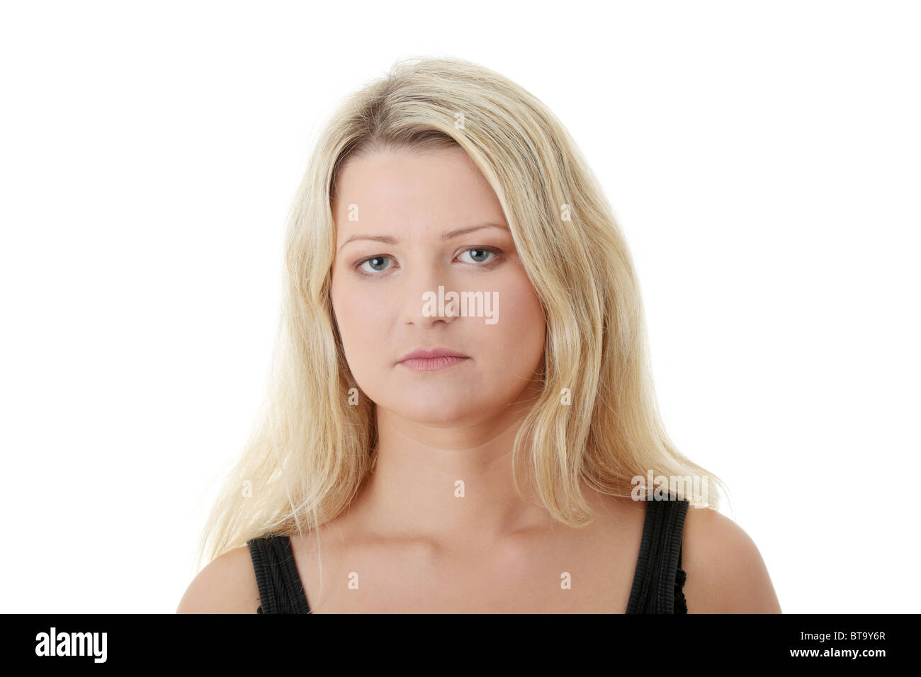 Close-up, portrait of a corpulent woman, isolated on white background ...