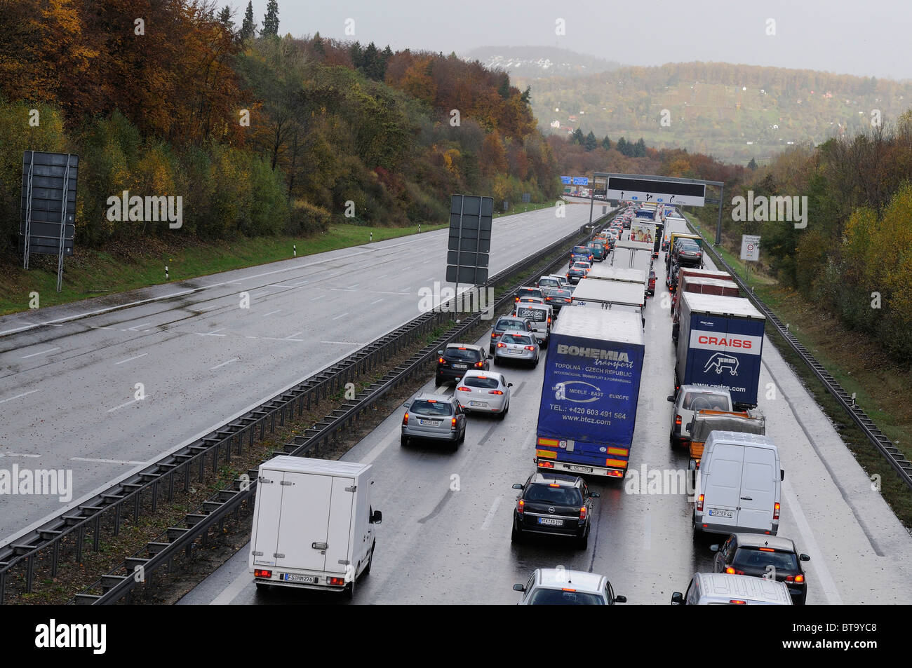Traffic jam after an accident on the A8 autobahn, Leonberg, Baden ...