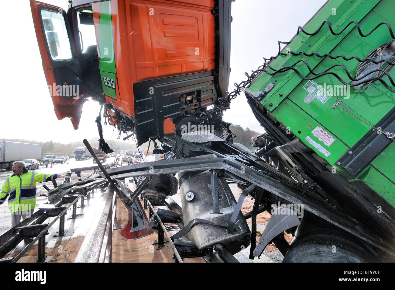 Severe truck accident on the A8 autobahn, Leonberg, Baden-Wuerttemberg ...