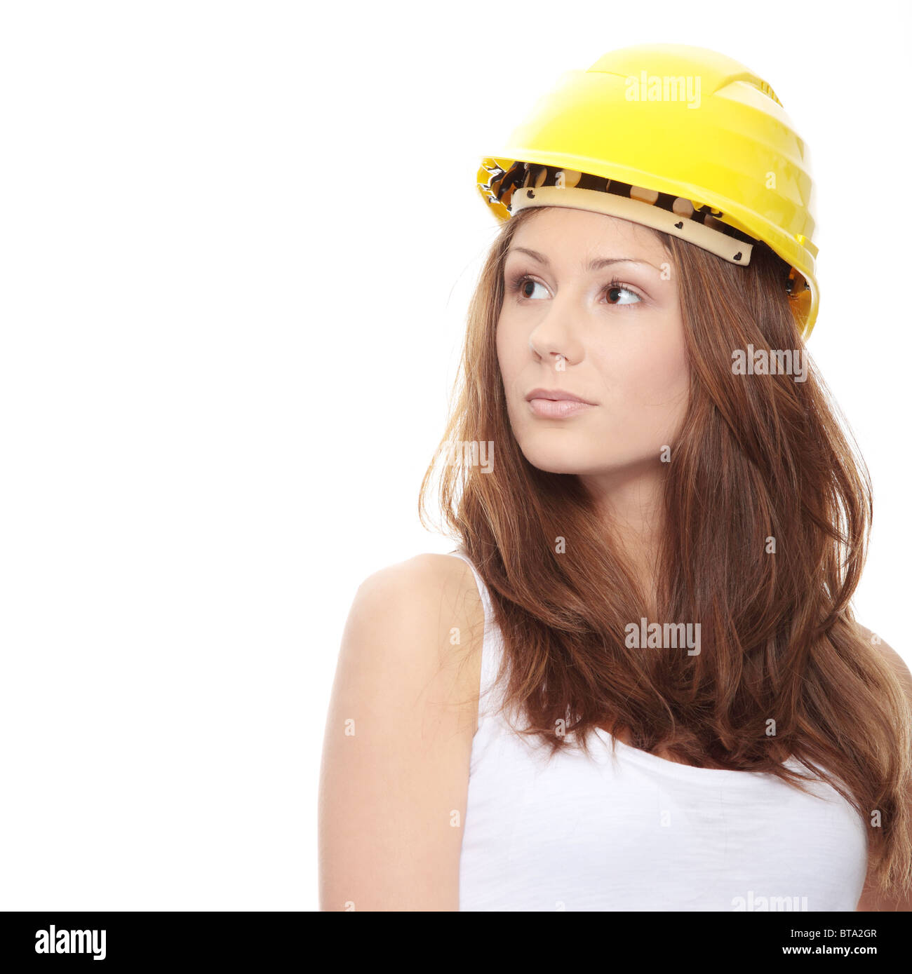 Engineer woman in yellow helmet isolated on white background Stock ...