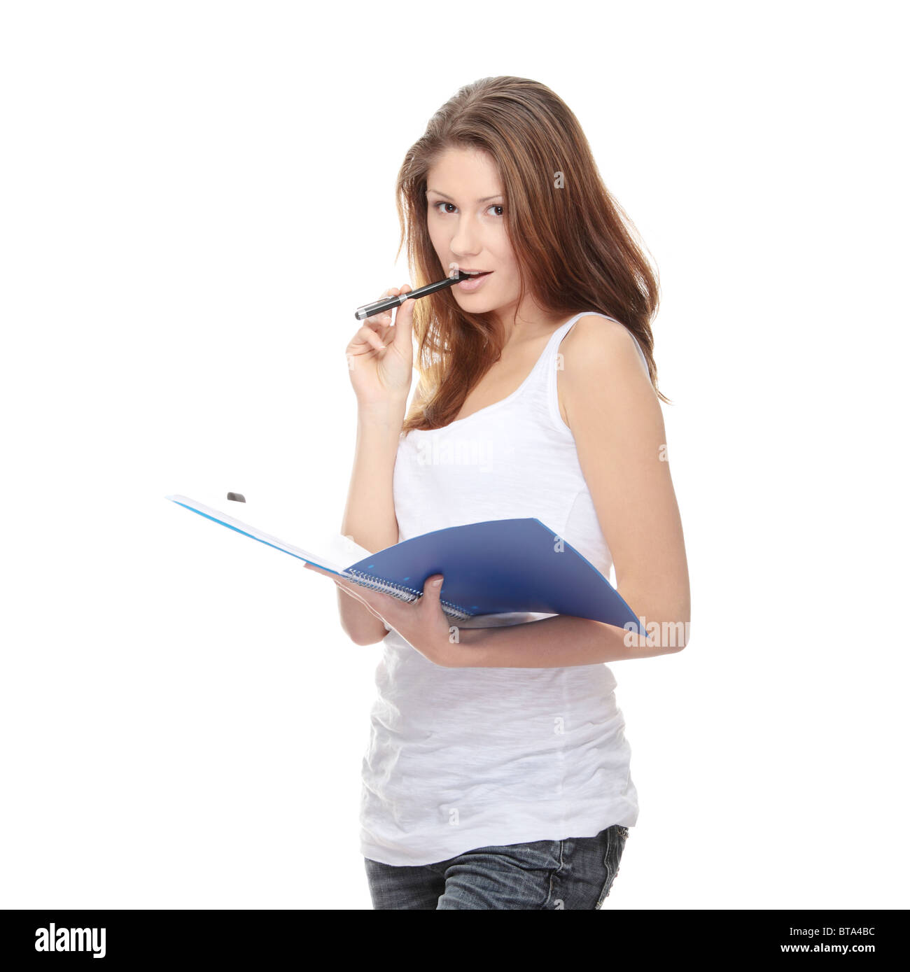 Student woman with note pad and pen isolated on white background Stock ...
