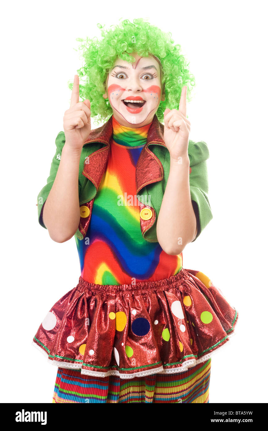 Portrait of female clown point a fingers up Stock Photo - Alamy